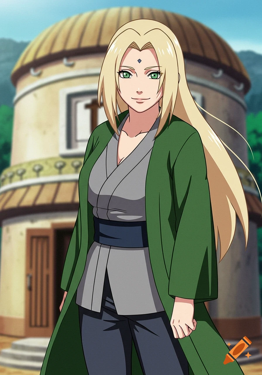 Tsunade from Naruto standing in her signature green and grey outfit in ...