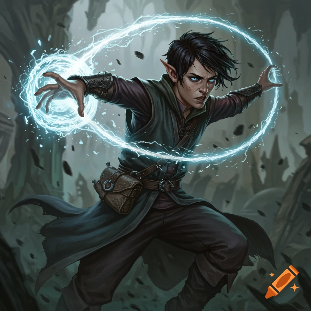 A male elf-like mage casts a glowing blue spell in a circle around him ...