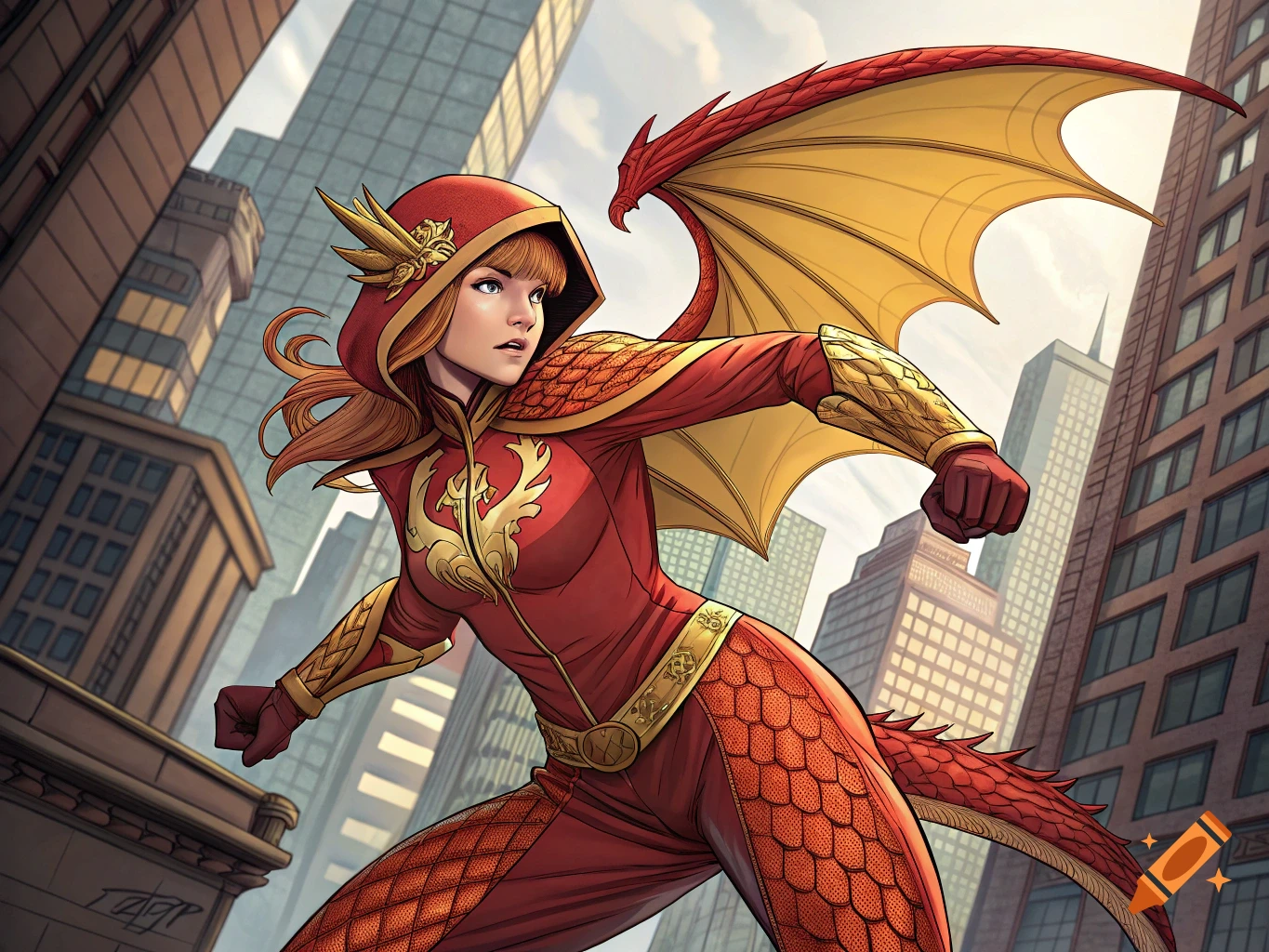 Woman in red dragon superhero suit with wings poses in a city, comic ...