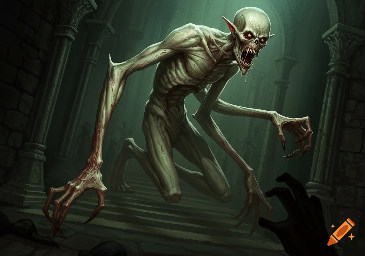 A grotesque, skeletal monster in a dark gothic crypt. on Craiyon