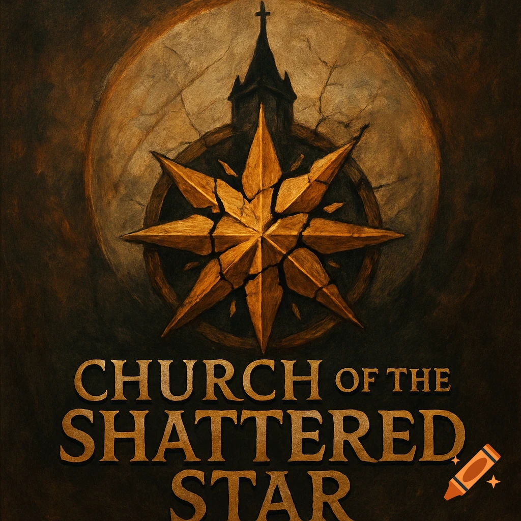 Painted logo with church steeple, shattered golden star, and text ...