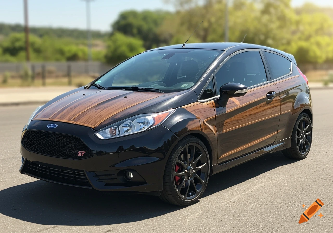 Black Ford Fiesta ST hatchback with wood paneling on the hood and sides ...