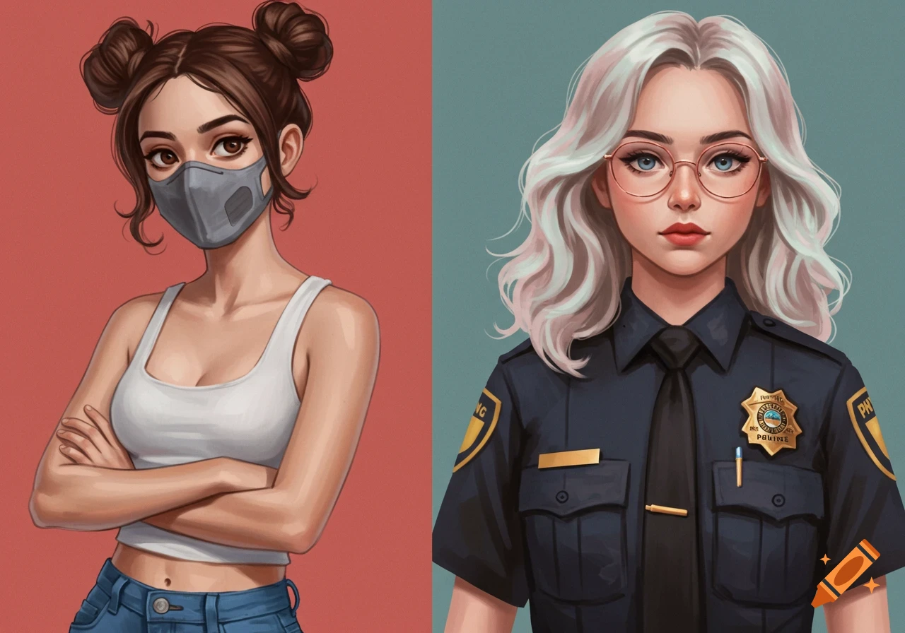 Two stylized portraits of young women: one in a mask, tank top, and ...