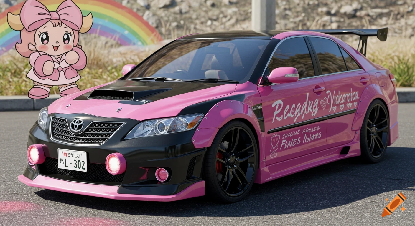 Pink and black widebody Toyota Camry with a large rear spoiler and ...