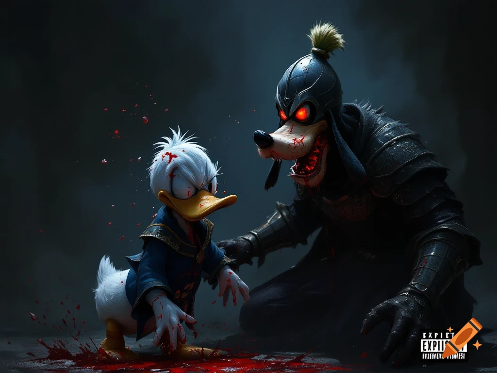 Donald Duck and Goofy in dark fantasy armor covered in blood splatter ...