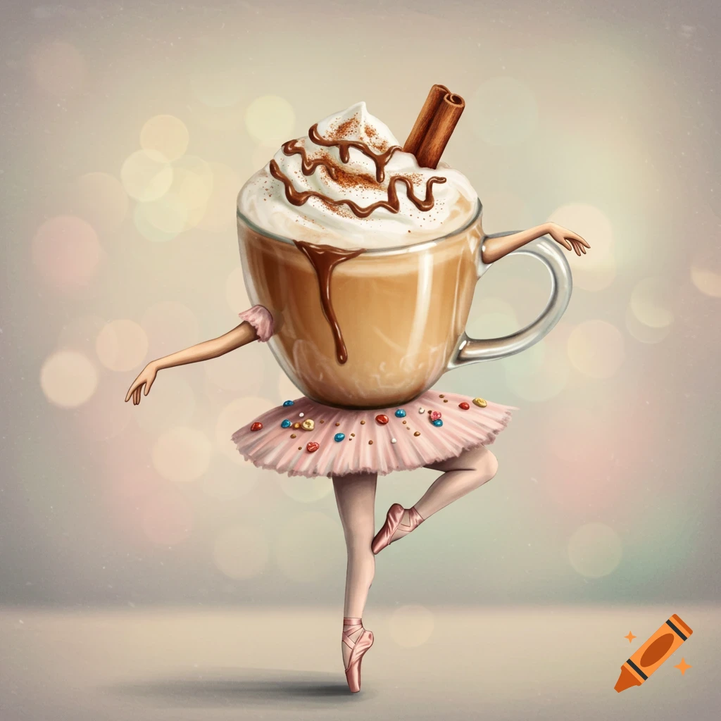 A cappuccino cup dressed as a ballerina dancing en pointe, illustration ...