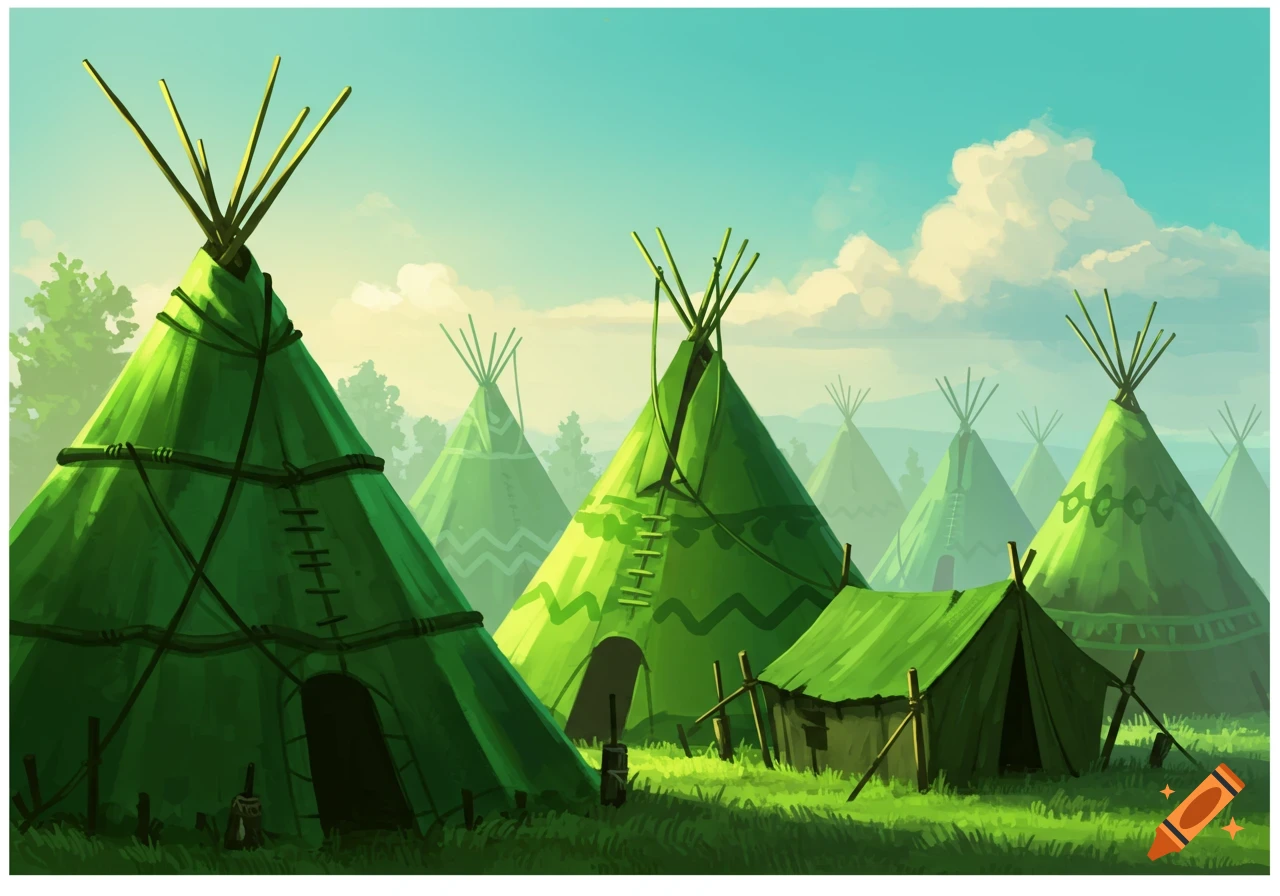Illustration of green teepees in a grassy field under a cloudy sky. on ...