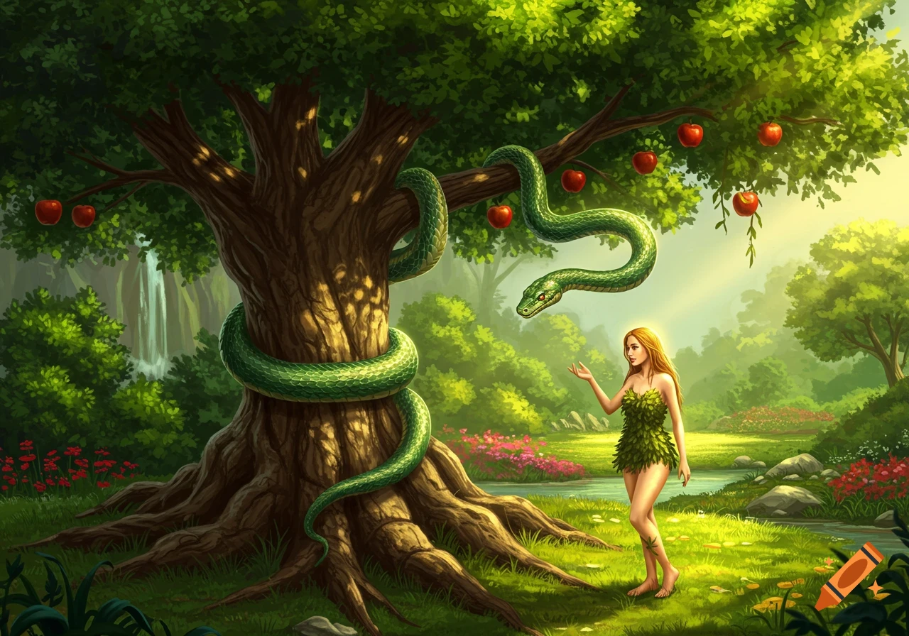 Eve stands by the Tree of Knowledge with a snake in a lush garden on ...