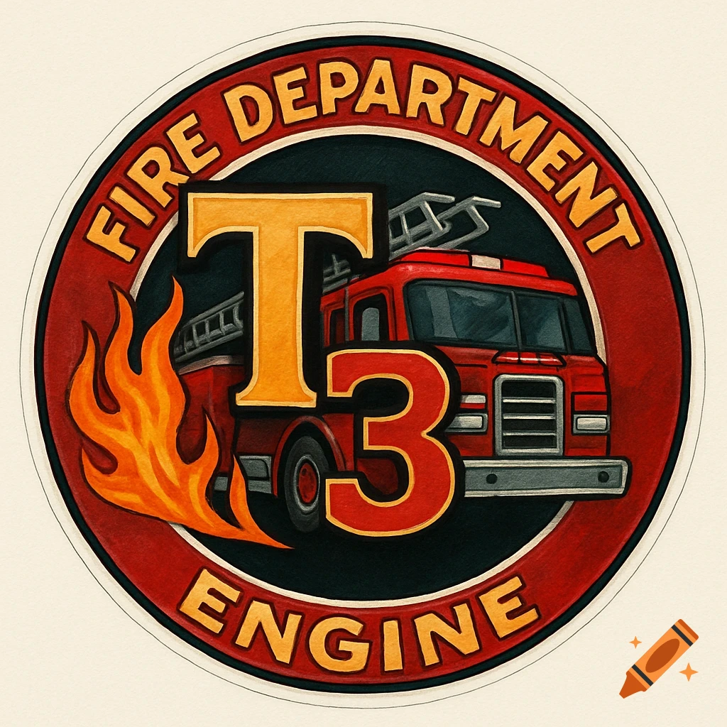 Circular fire department sticker logo with a red fire truck, flames ...