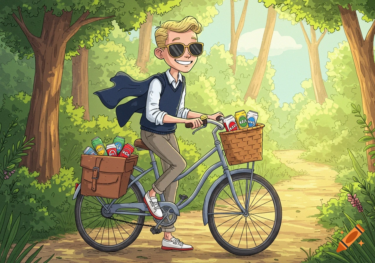 Illustration of a preppy guy riding a bike through the woods with beer ...