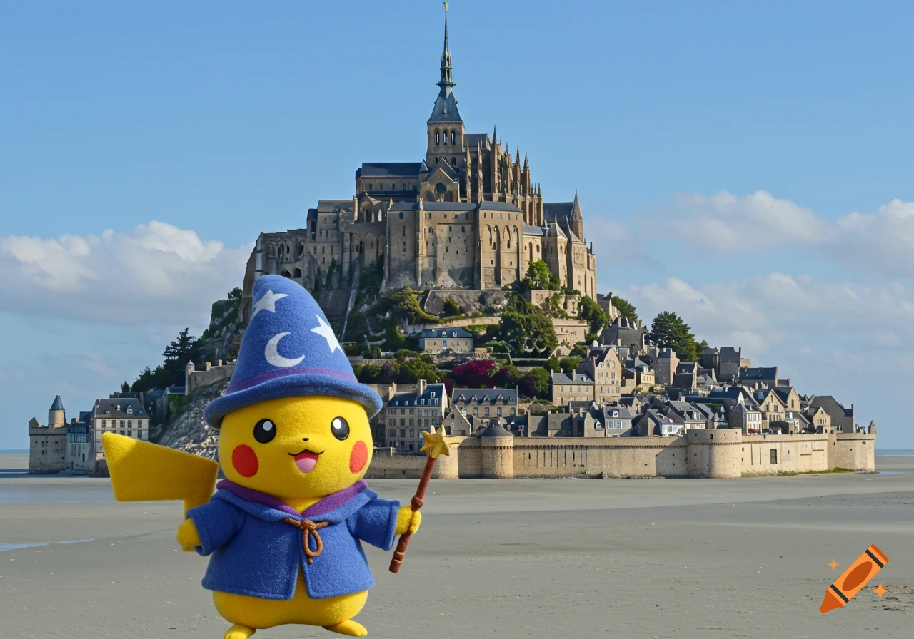 Plush Pikachu wizard stands before Mont Saint-Michel. on Craiyon
