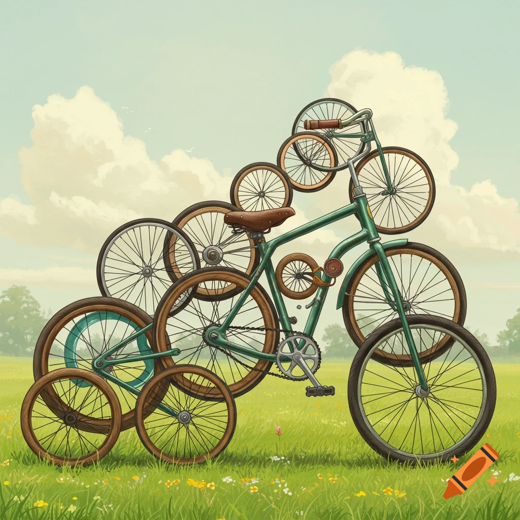 Surreal illustration of a bicycle made of many wheels in a grassy field ...
