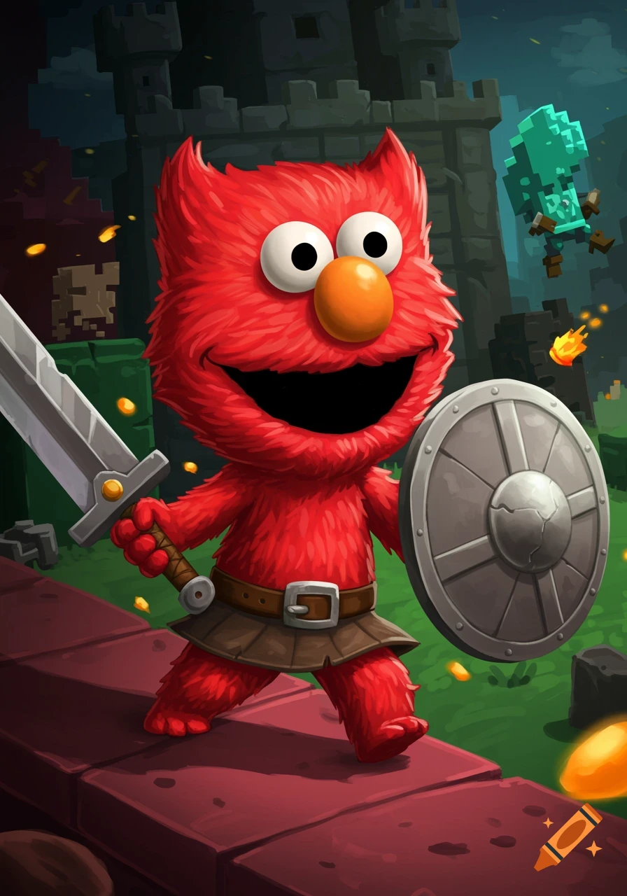 Elmo in a fantasy video game style, holding a sword and shield in front ...