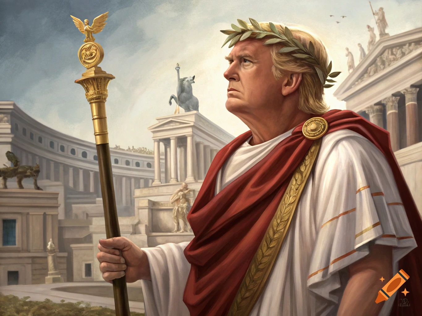 Painting of Donald Trump dressed as a Roman ruler, holding a scepter in ...