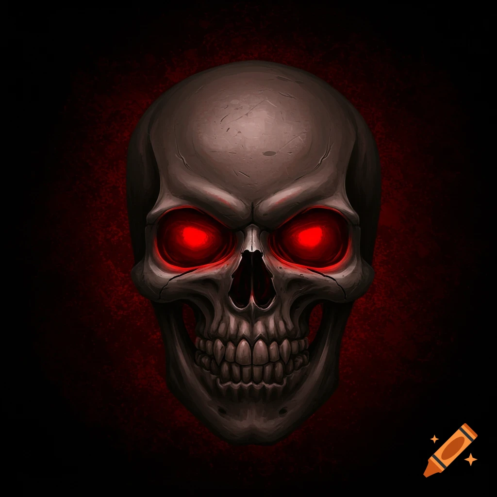 Stylized spooky skull with glowing red eyes on a dark red and black ...