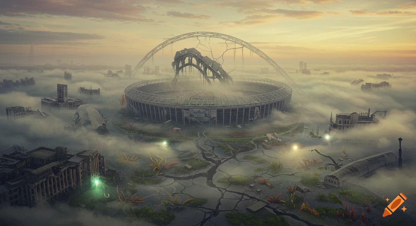 Surreal painting of post-apocalyptic Wembley Stadium ruins and city in ...