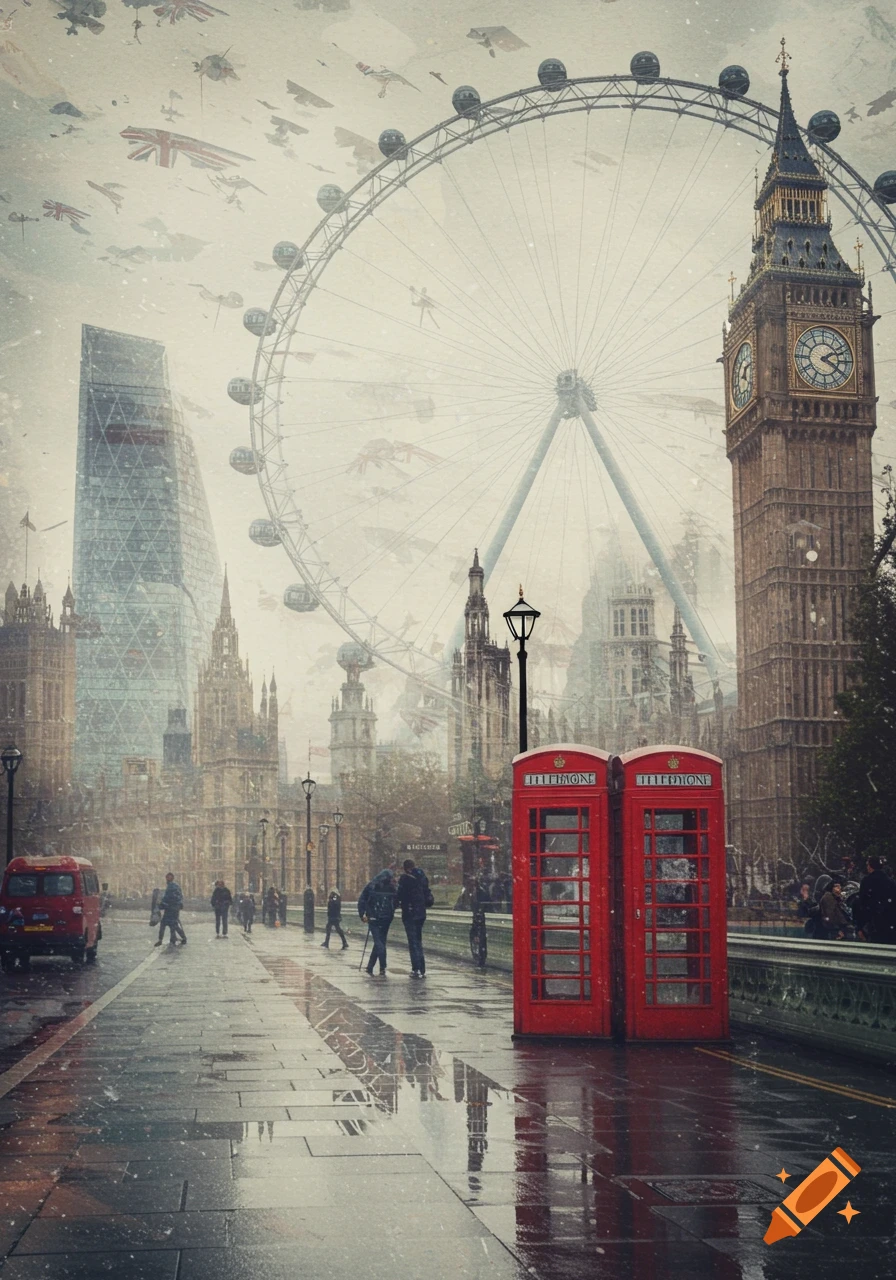 Hazy view of London city with Big Ben, London Eye, red phone booths ...