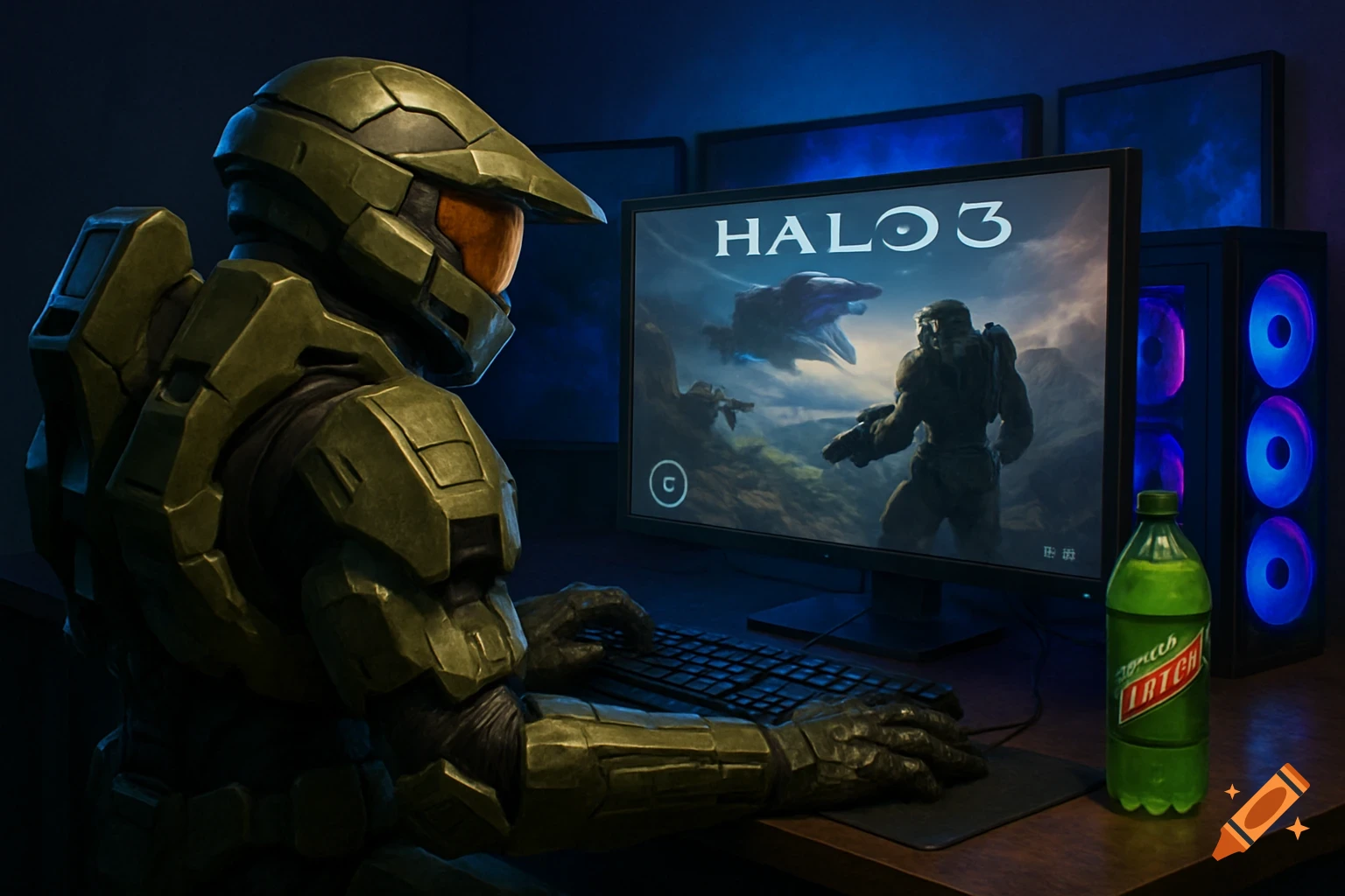 Master Chief playing Halo 3 on a gaming PC setup with multiple monitors ...