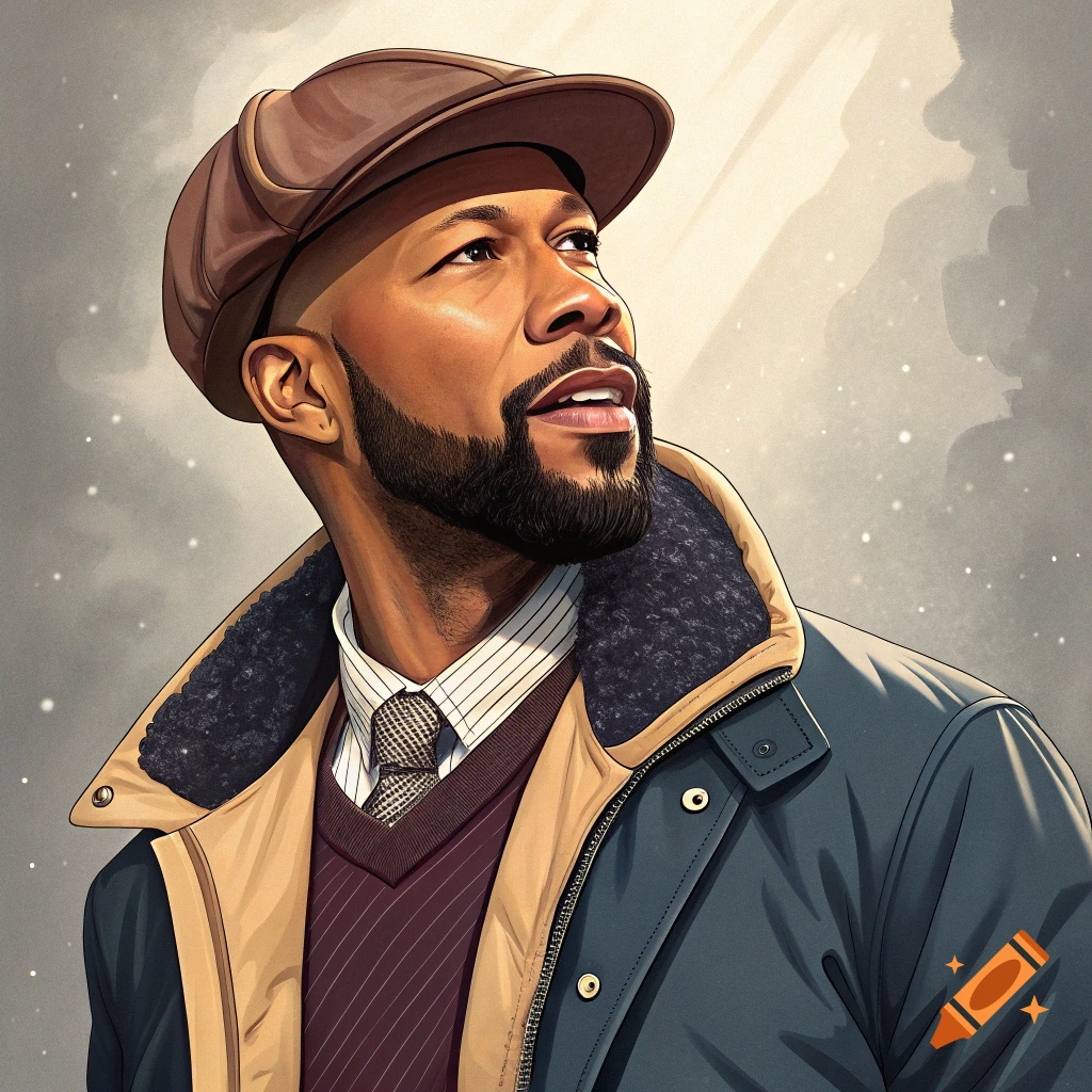Illustrated portrait of the rapper Common wearing a hat and coat ...