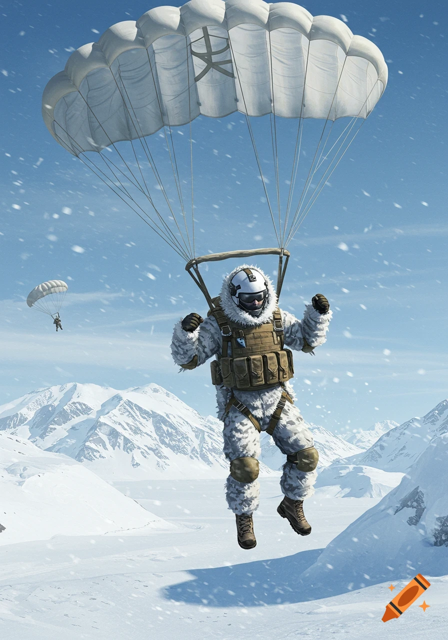 A paratrooper in white camouflage descends via parachute over snow ...