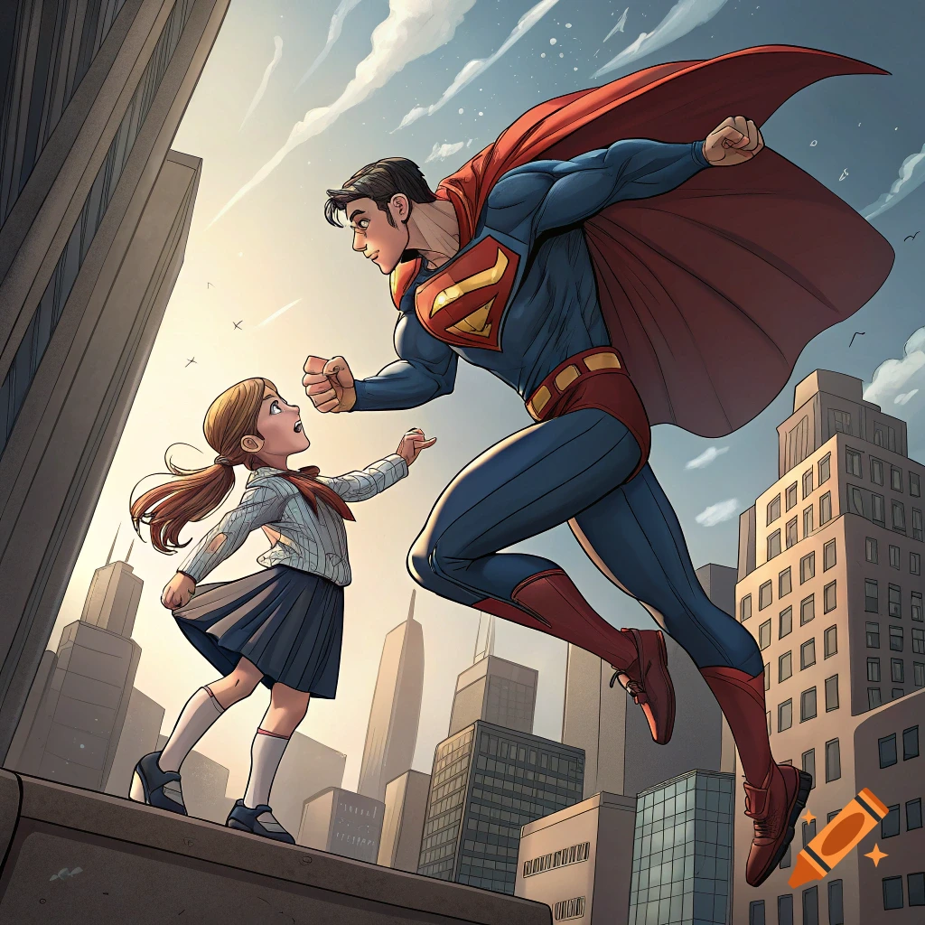 Comic book illustration of Superman flying towards a girl on a ledge ...