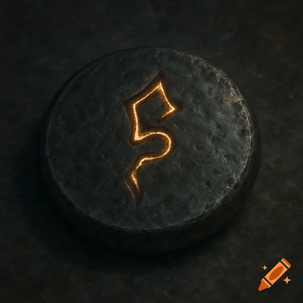 Dark metal medallion with an orange glowing rune symbol on Craiyon