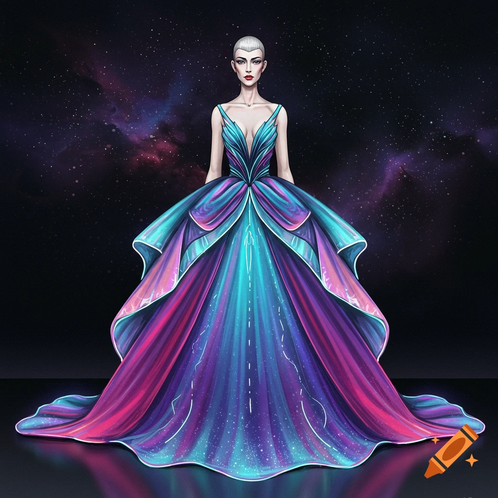 A model in a futuristic, iridescent gown stands against a starry galaxy ...