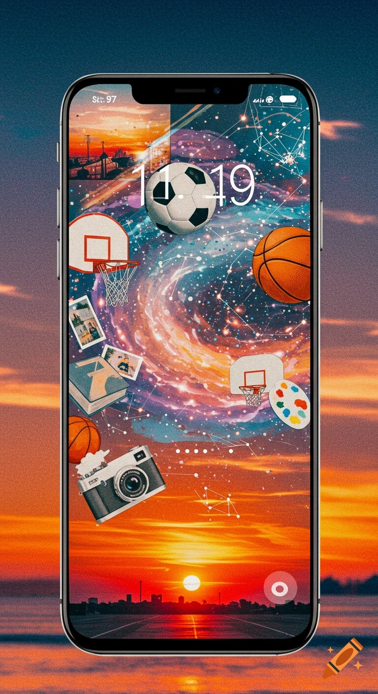 A collage lock screen with soccer, basketball, school, art, photography ...