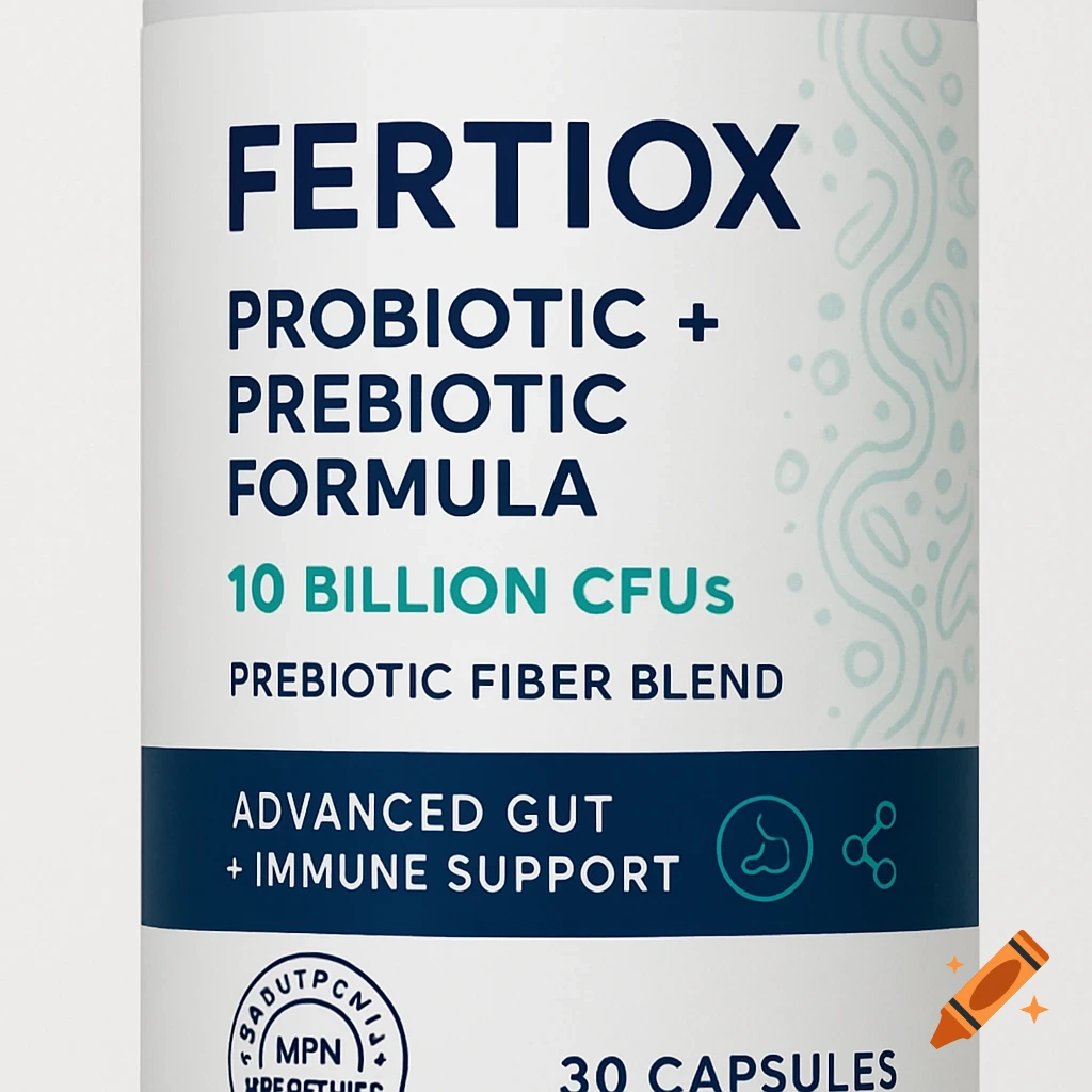 Close-up of a modern label for Fertiox Probiotic + Prebiotic Formula ...