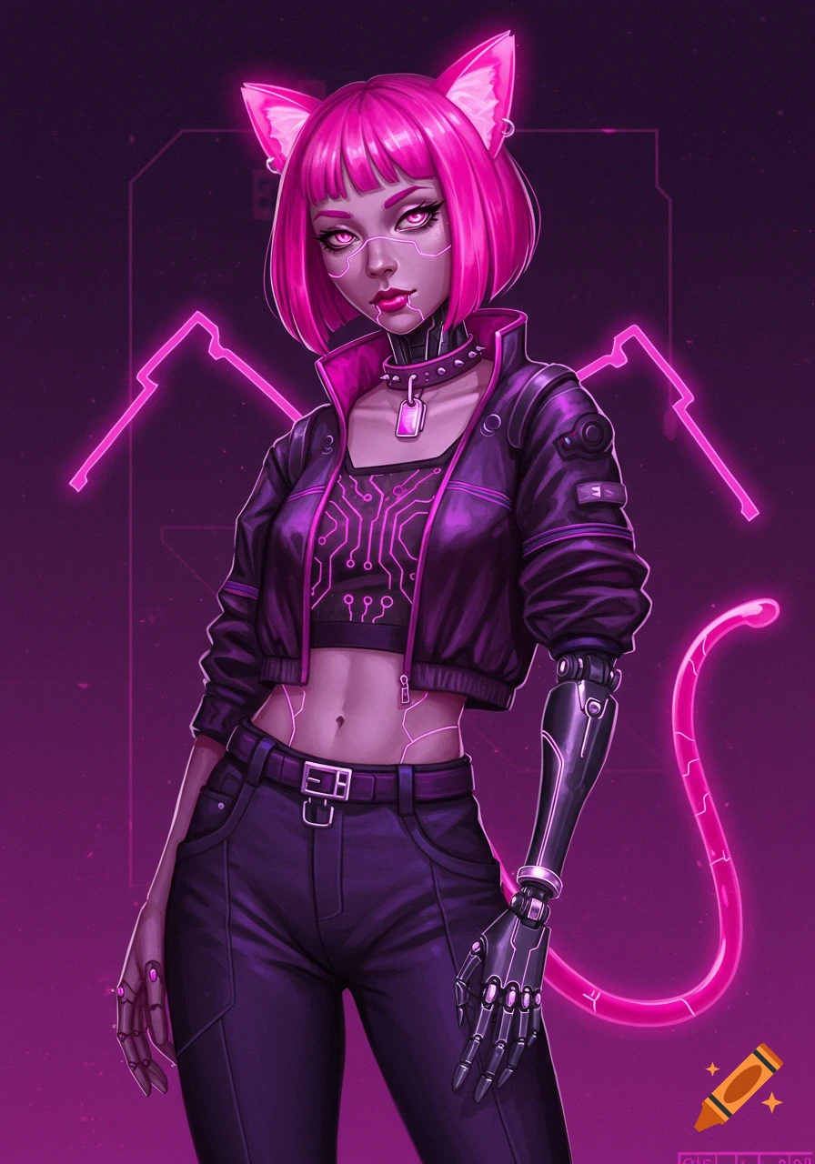 Pink-haired cyberpunk character with cat ears, tail, cybernetic arm ...
