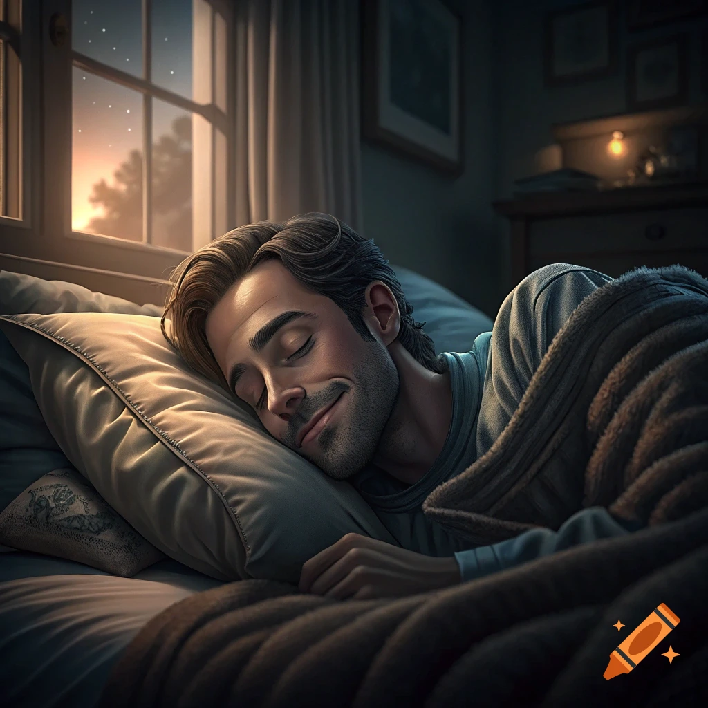 Man sleeping peacefully in bed by a window at sunset. on Craiyon