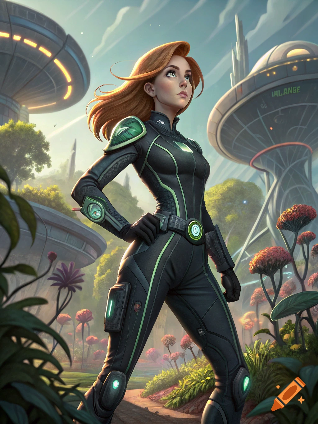 Red-haired woman in black & green sci-fi suit in an alien landscape ...