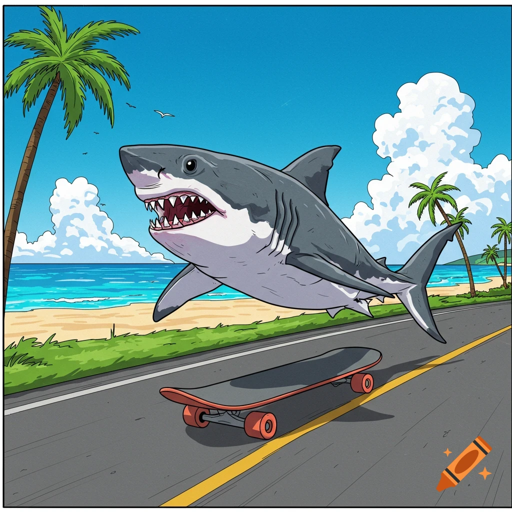 A cartoon shark rides a skateboard down a road next to a beach with ...