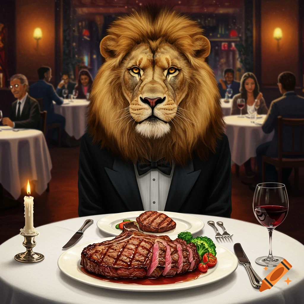 A lion in a tuxedo dines on steak at a fancy restaurant. on Craiyon
