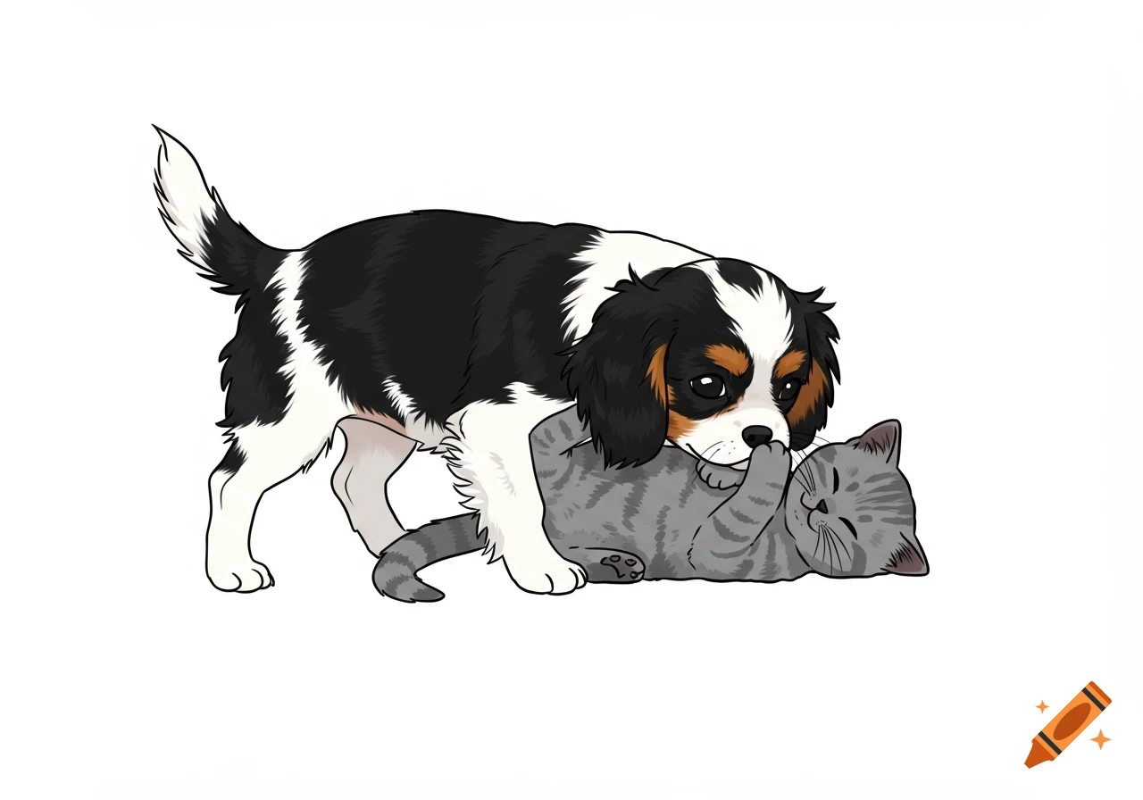 A cartoon tri-colored Cavalier King Charles Spaniel puppy plays with a ...