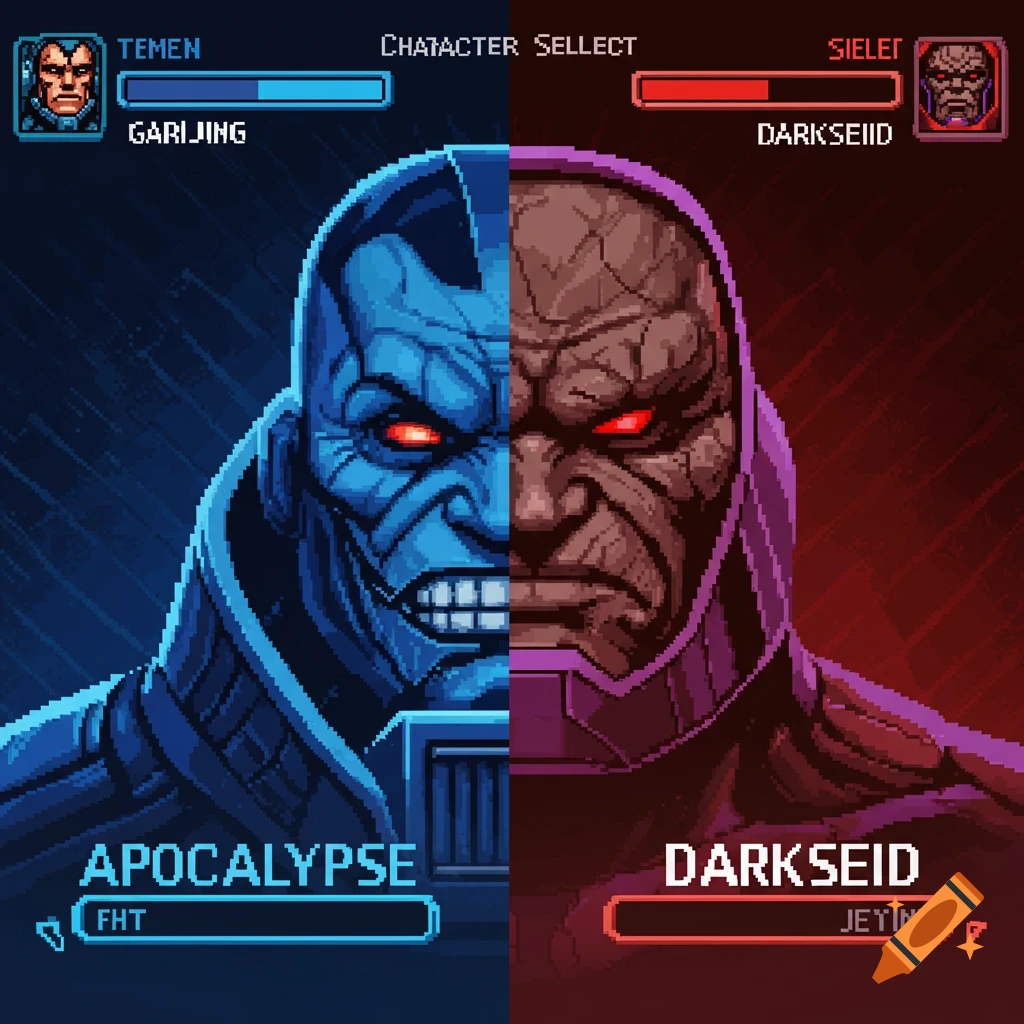 Pixel art fighting game character select screen with split faces of ...