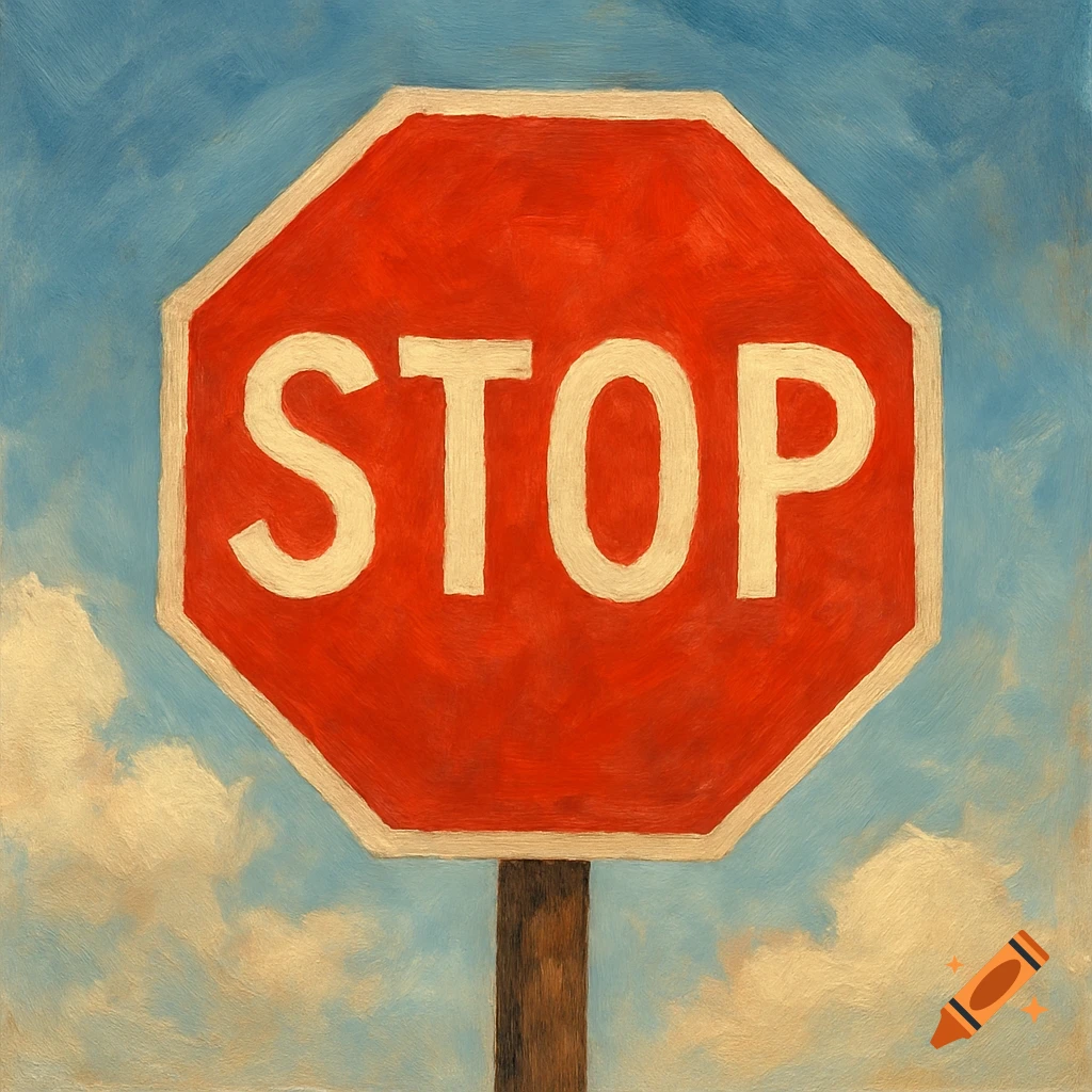 A red stop sign with white text, painted on a post against a blue sky ...
