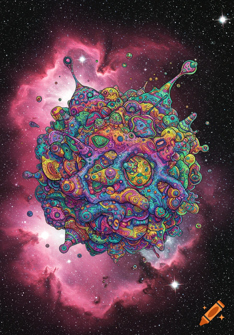 A vibrant, detailed, psychedelic abstract entity floats in front of a pink nebula in space. on ...