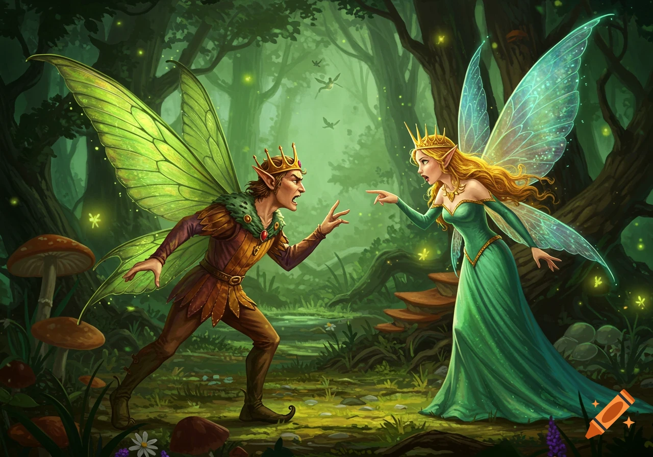 Fairy king and queen arguing in a forest with mushrooms. on Craiyon