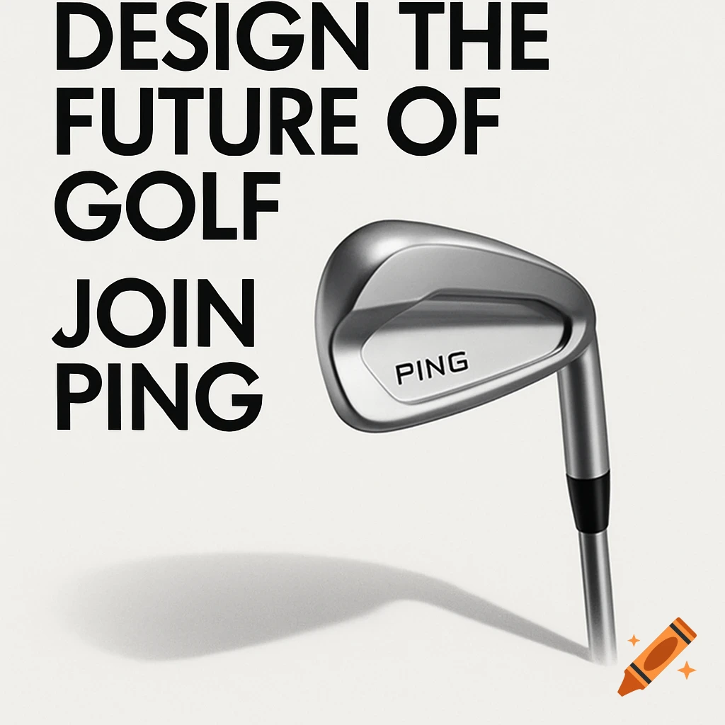 Minimalist ad with large text "DESIGN THE FUTURE OF GOLF JOIN PING" next to a PING golf club and ...