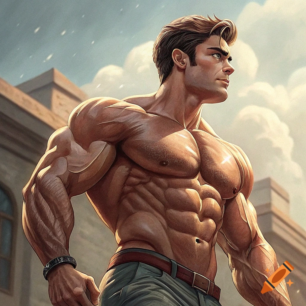 Illustrative image of an extremely muscular bodybuilder looking to the ...