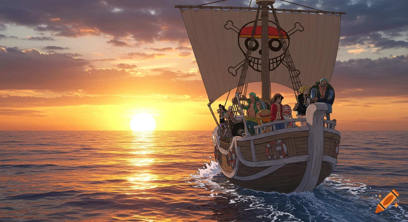 The Going Merry boat from One Piece sails into a vibrant orange sunset with the Straw Hat crew ...