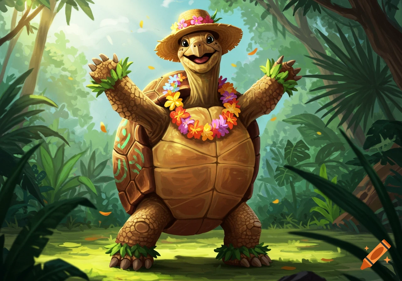 A happy tortoise wearing a hat, lei, and grass skirts dances in a sunny ...