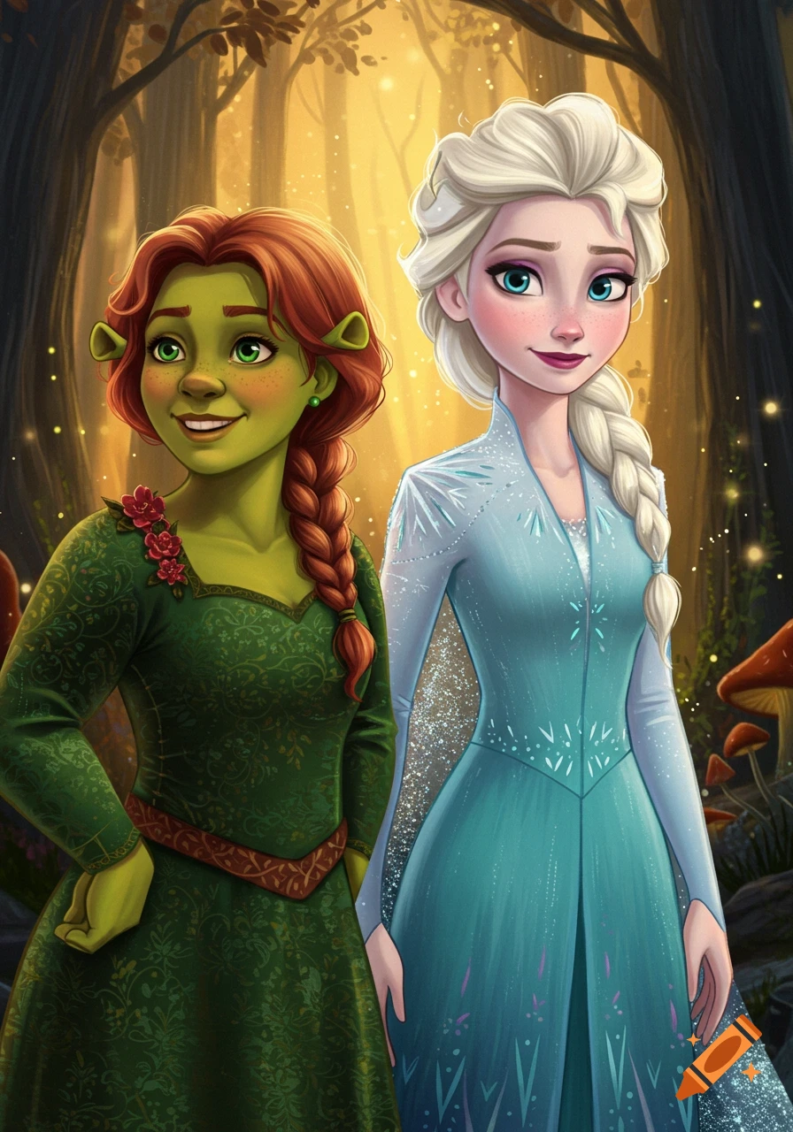 Fiona from Shrek and Elsa from Frozen stand together in a sunlit forest ...