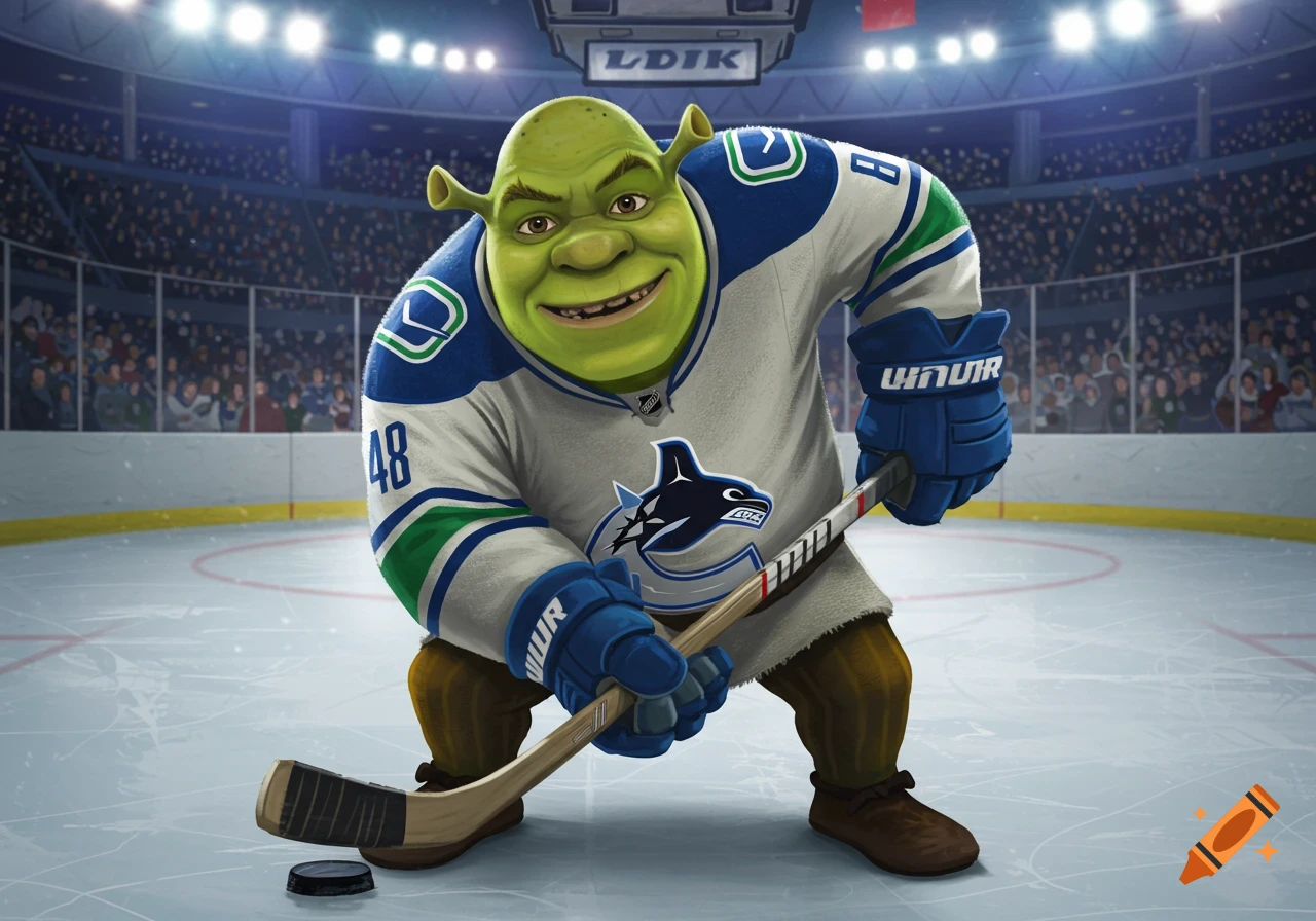 Shrek plays hockey in a Vancouver Canucks jersey on the ice in an arena ...