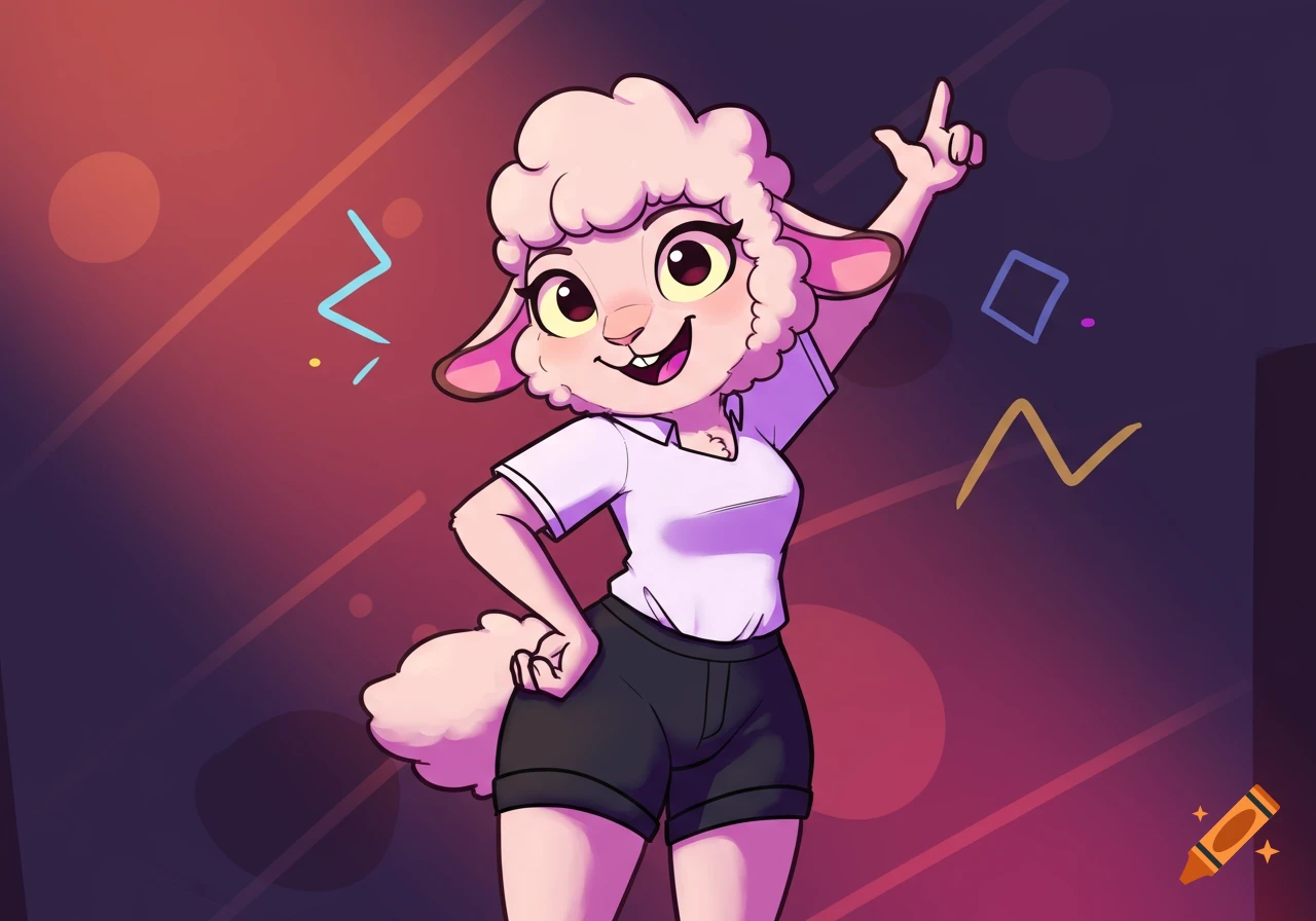 Cartoon anthropomorphic sheep in a white shirt and black shorts poses ...