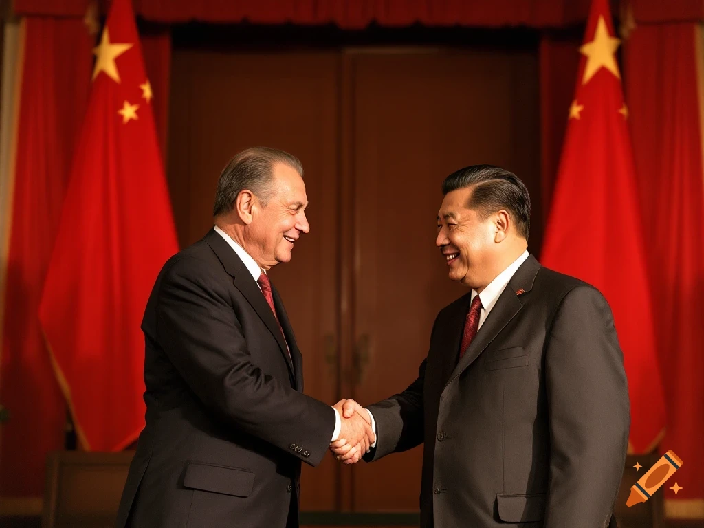 Two men resembling Nixon and Mao shake hands in a formal setting with ...