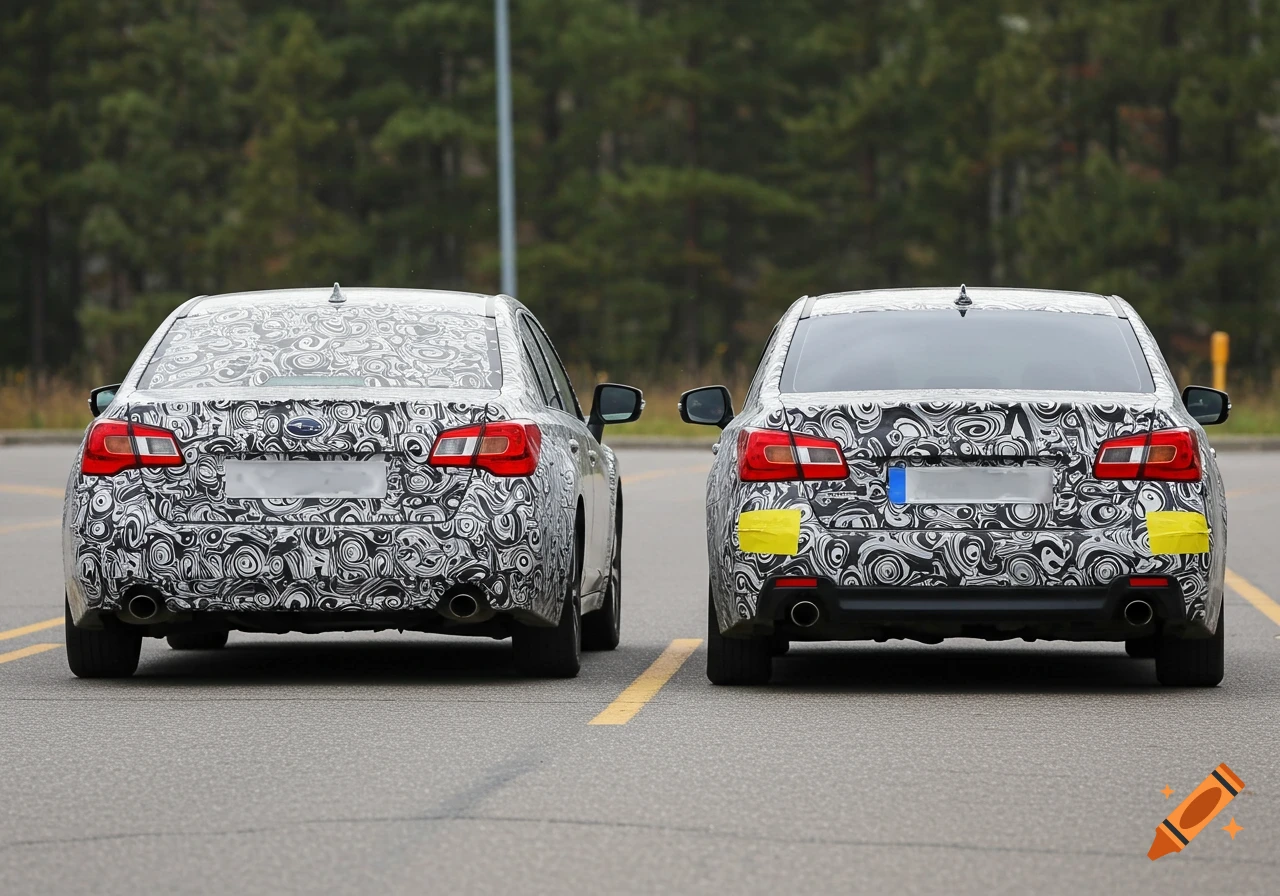 Two prototype sedans in camouflage patterns driving on a road, viewed ...