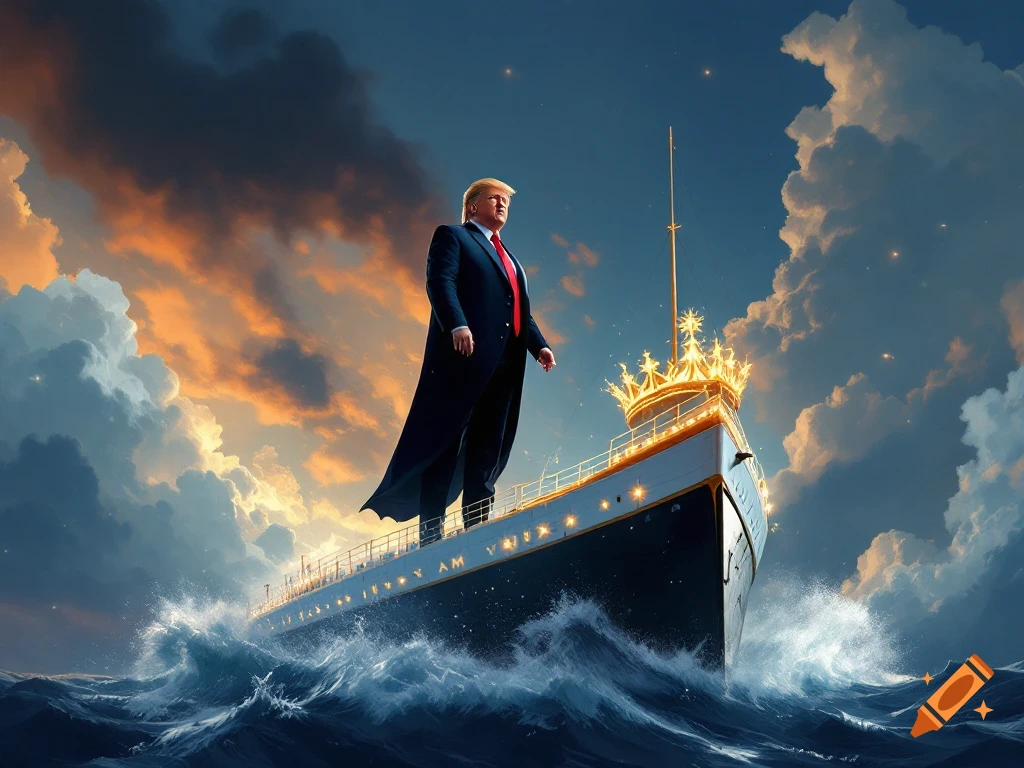 Donald Trump stands on the bow of a large ship in a dramatic stormy sea ...