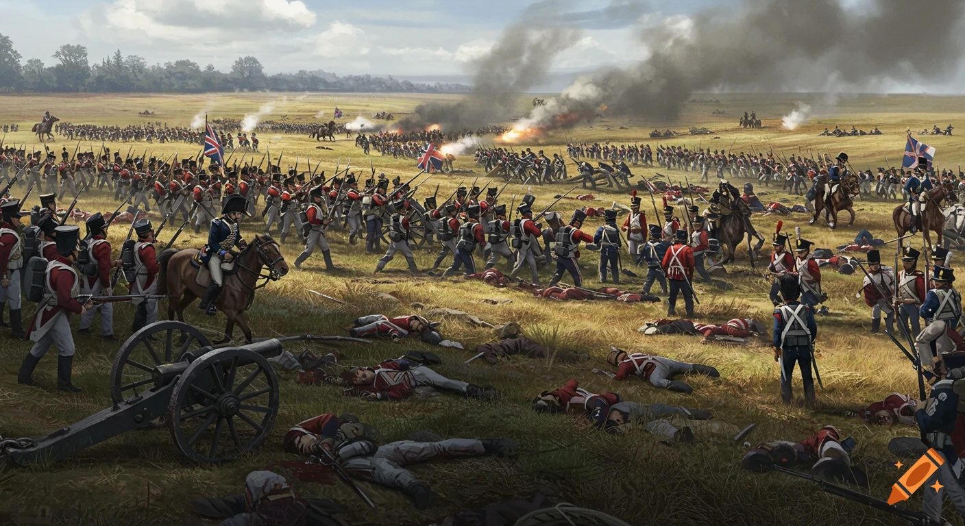 A large scale battle scene painting with Napoleonic-era soldiers ...